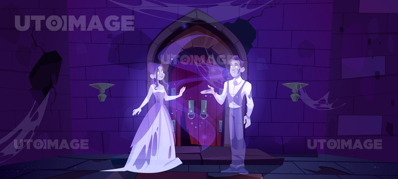 Ghosts in medieval dungeon or night old castle interior. Dead couple ...