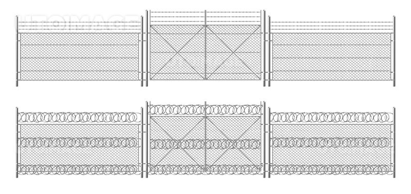 Barb wire fence, grid with gate. Three segments silver colored fencing ...