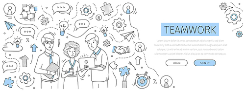 Teamwork landing page with doodle business people team and outline ...