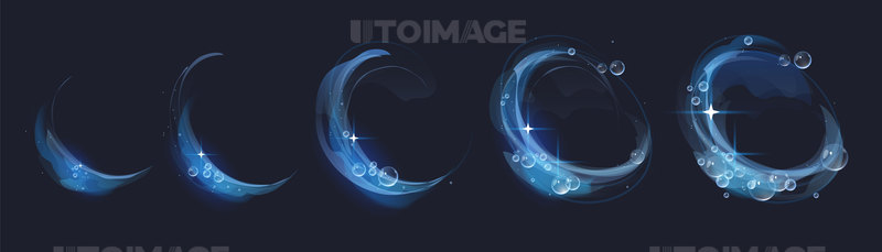 Round blue swirls, splash of water with bubbles isolated on black ...