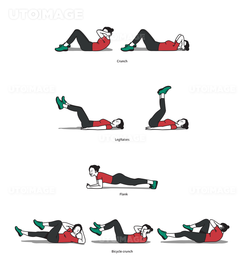 복부 운동을 위해 홈 트레이닝으로 바이시클 크런치 레그 레이즈 플랭크 크런치를 하는 여성의 운동 가이드 벡터 일러스트레이션 라인 아트 유토이미지 상세페이지