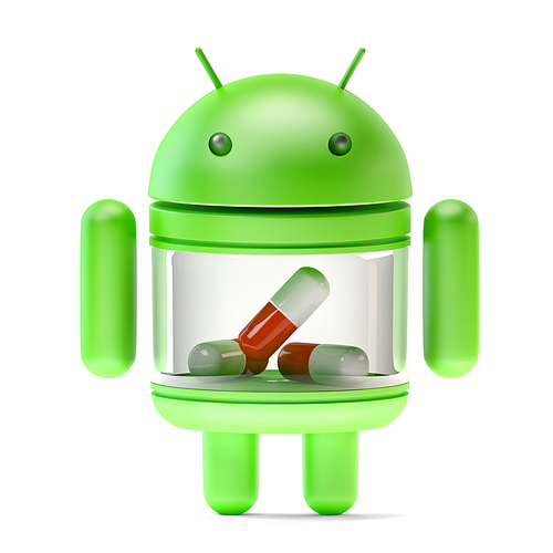 Google Android Robot with pills. 3D illustration. Isolated. Contains ...