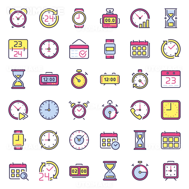 Time icons. Alarm clock, hourglass timer and deadline watch. Colorful ...