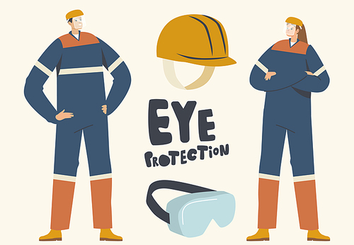Workers Eyes Protection on Manufacture Concept. Male and Female ...