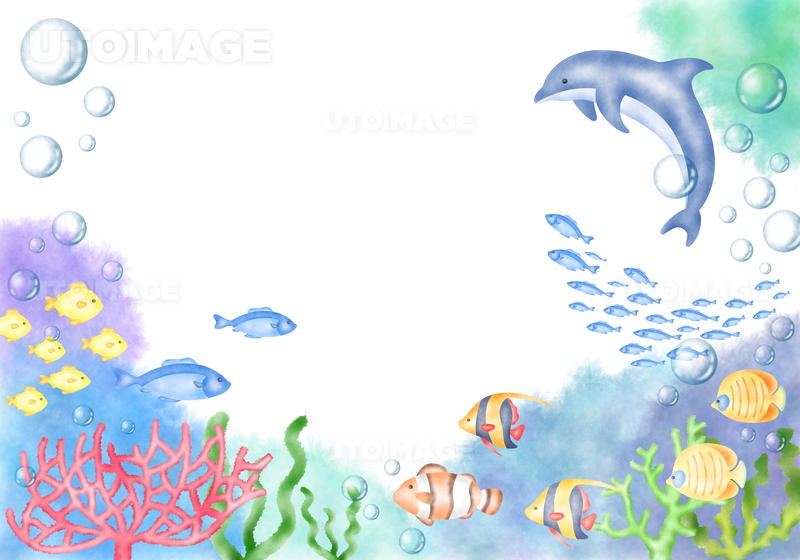 유토이미지 다양한 바다 물고기 바다 생물체와 열대어가 있는 바닷속 풍경 컨셉의 손그림 일러스트다양한 바다 물고기 바다 생물체와 열대어가 있는 바닷속 풍경 컨셉의