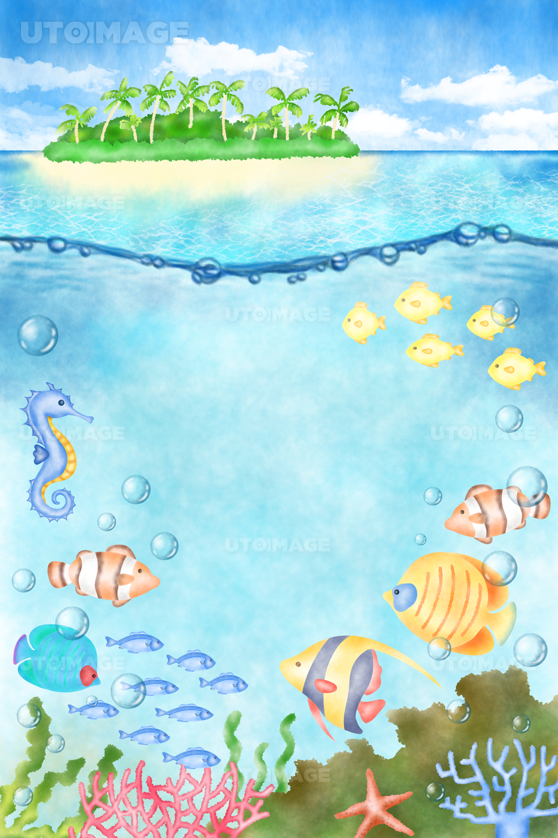 다양한 바다 물고기 바다 생물체와 열대어가 있는 바닷속 풍경 컨셉의 손그림 일러스트다양한 바다 물고기 바다 생물체와 열대어가 있는 바닷속 풍경 컨셉의 손그림 일러스트