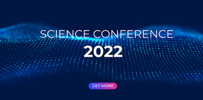 Abstract science conference background with blue particles. Flow wave ...