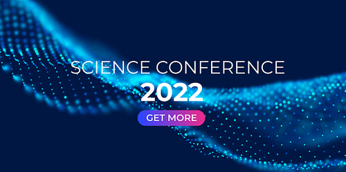 Abstract science conference background with blue particles. Flow wave ...