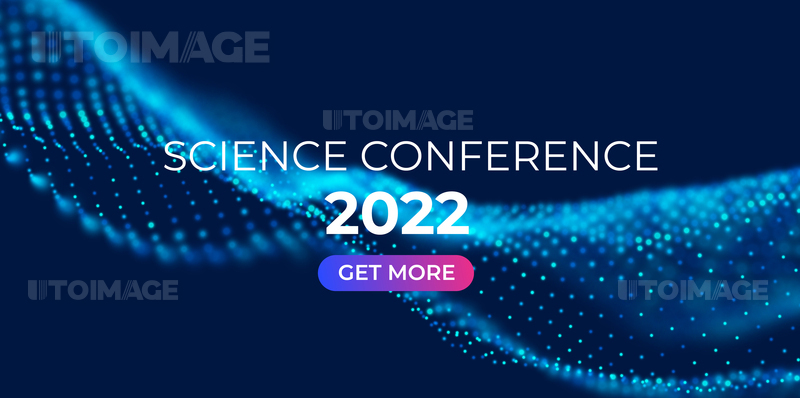 Abstract science conference background with blue particles. Flow wave ...